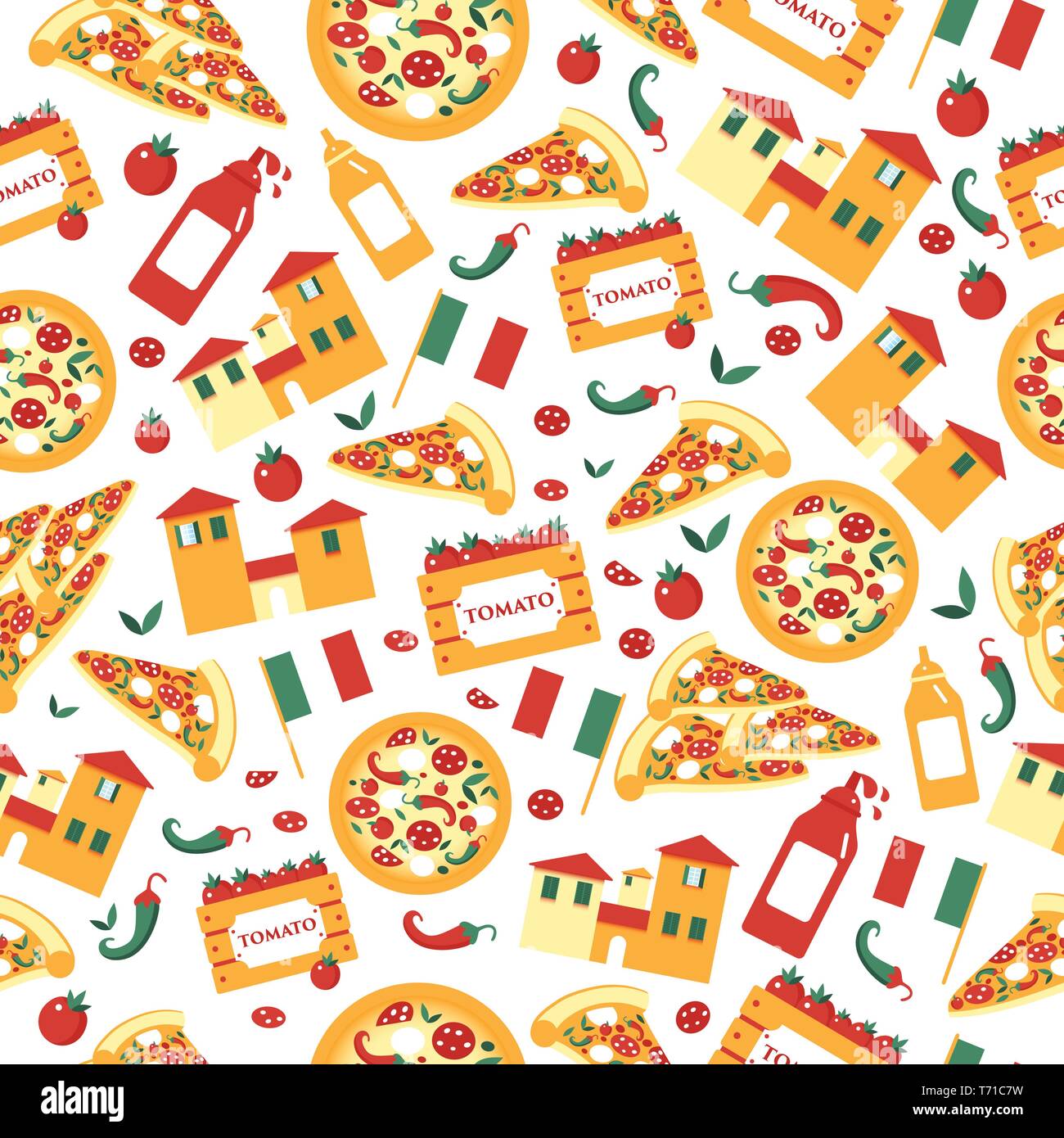Seamless pattern of pizza slices with ingredients. Bright seamless ...