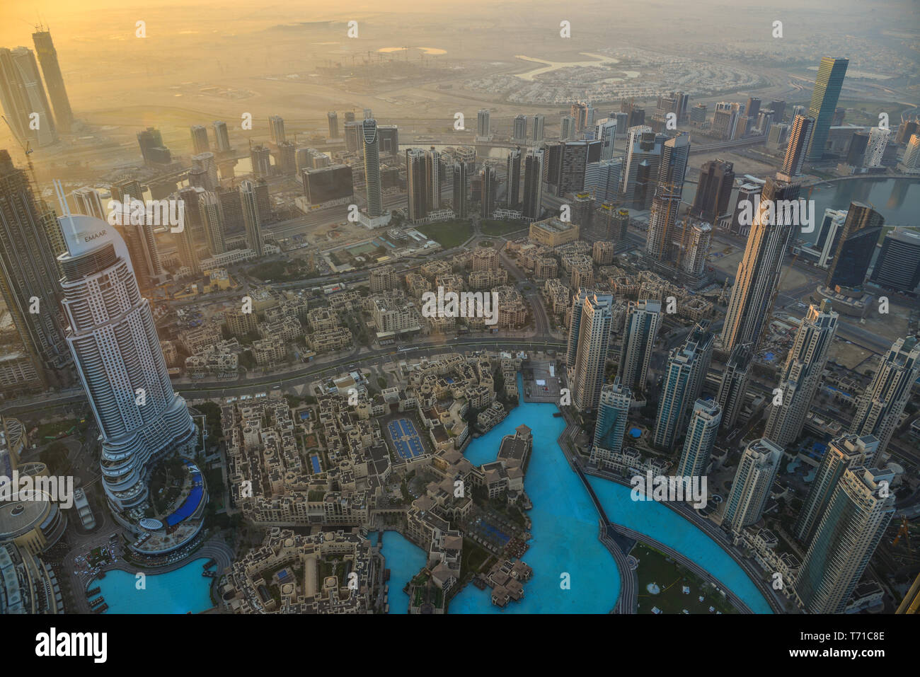 Dubai, UAE - Dec 7, 2018. Aerial view of Dubai City at sunrise. View on ...