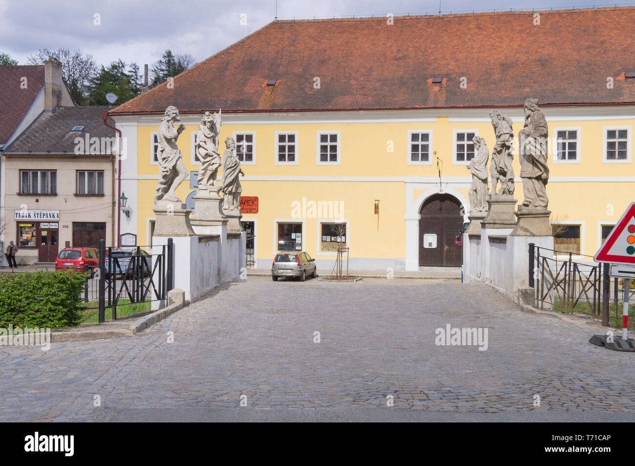 Baroque bridge and the Kaba House at Namesti Svobody Square in Brtnice ...