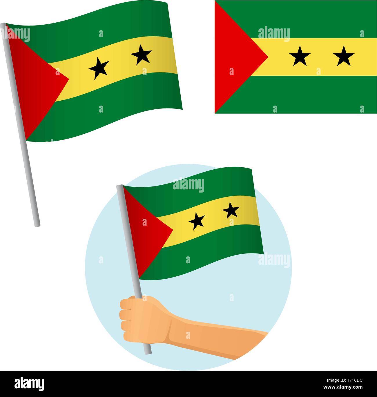 Sao Tome and Principe flag in hand. Patriotic background. National flag ...