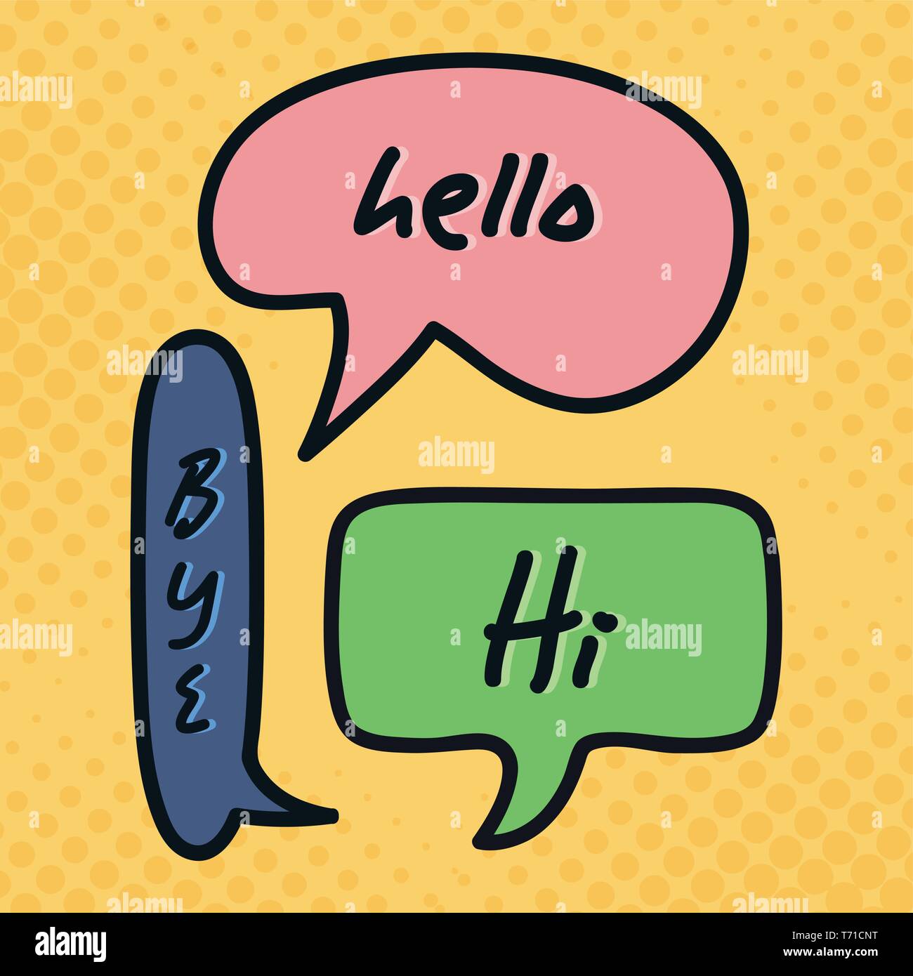 three speech bubbles drawn with hi ,hello and bye messages vector ...