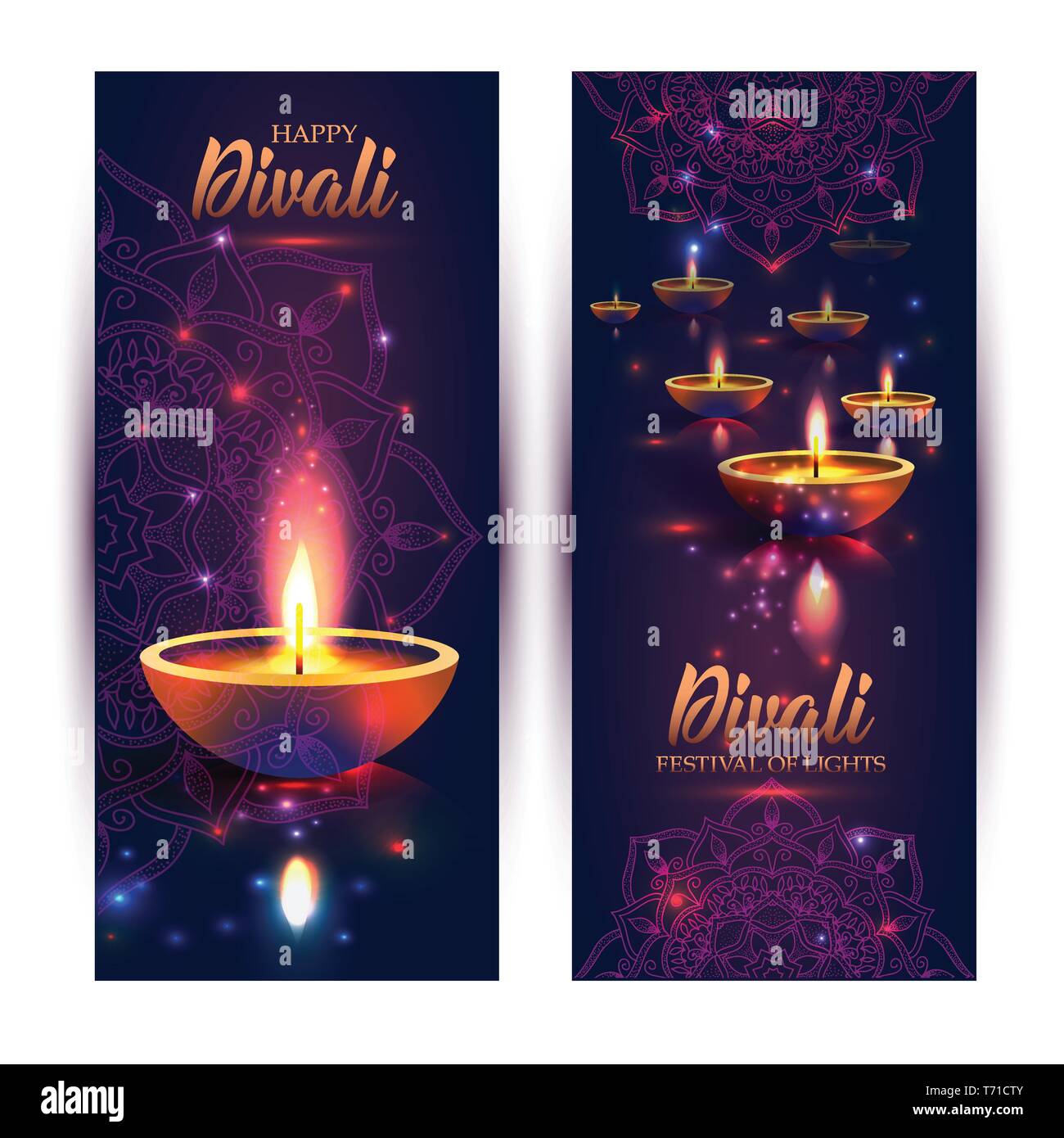 Happy Diwali festival of lights. Retro oil lamp on background night sky ...