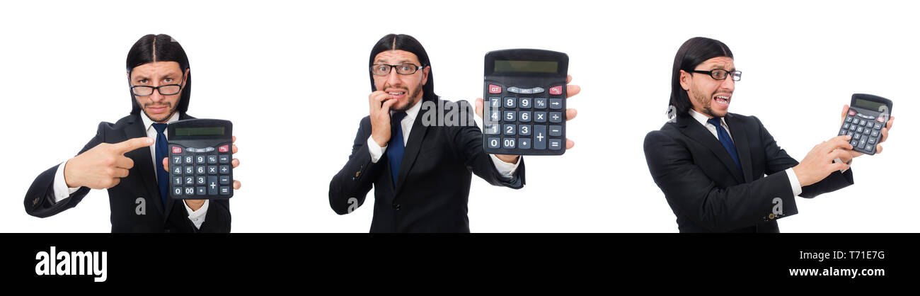Man with calculator isolated on white Stock Photo - Alamy