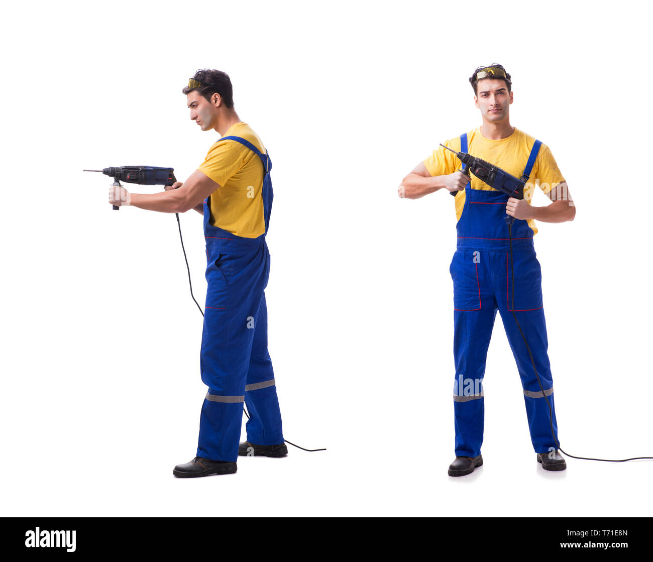 Contractor employee with hand power drill on white background Stock ...