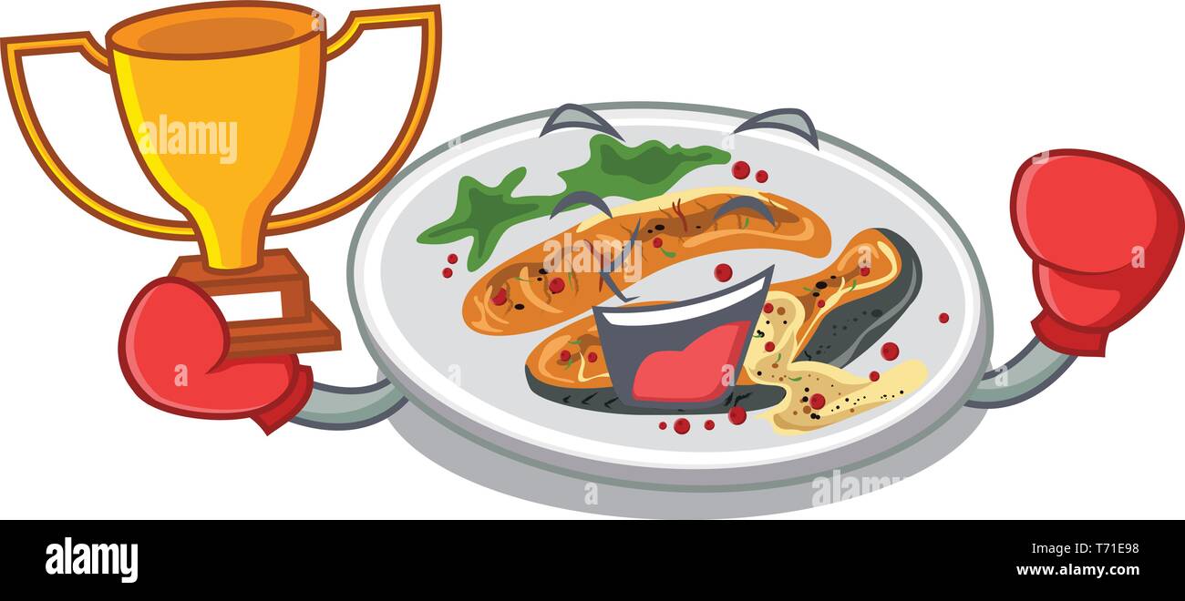 Boxing winner grilled salmon on a cartoon plate Stock Vector Image ...