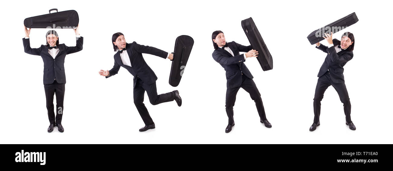 Man with violin case isolated on white Stock Photo - Alamy