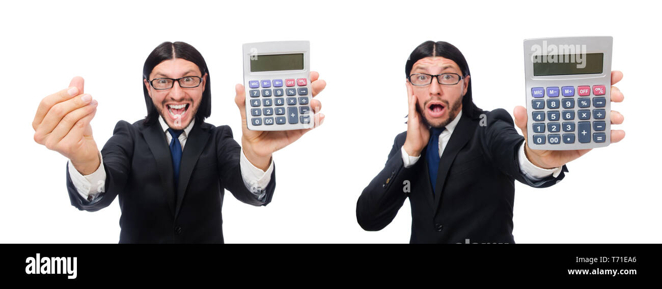 Man with calculator isolated on white Stock Photo - Alamy