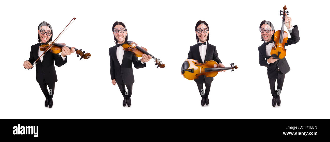 Funny man with music instrument on white Stock Photo - Alamy