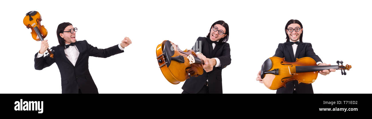 Funny man with music instrument on white Stock Photo - Alamy