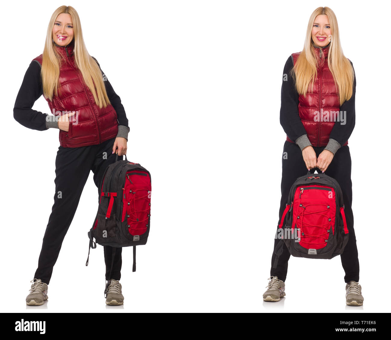 Young woman with backpack isolated on white Stock Photo - Alamy