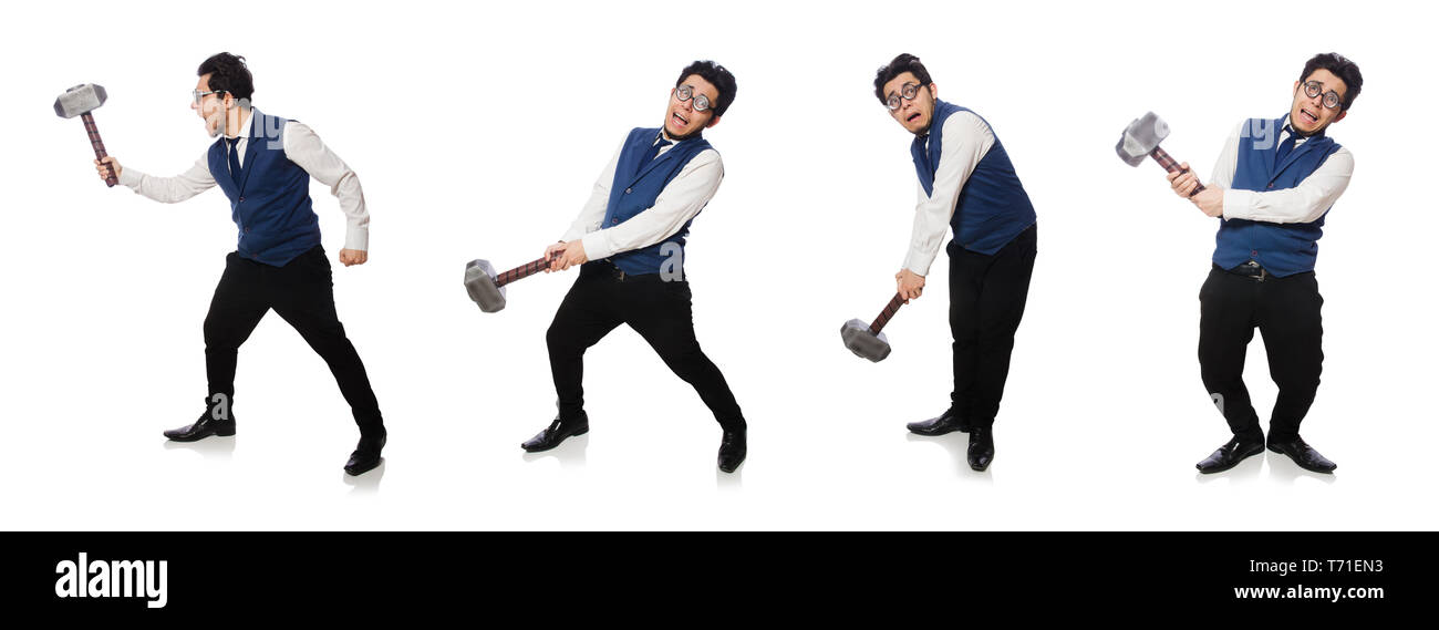 Young man holding hammer isolated on white Stock Photo - Alamy