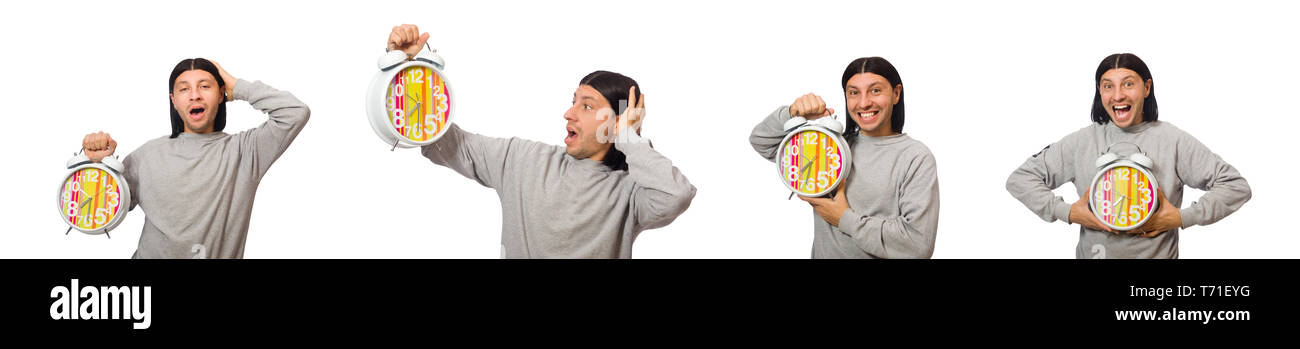 Funny man with clock isolated on white Stock Photo - Alamy