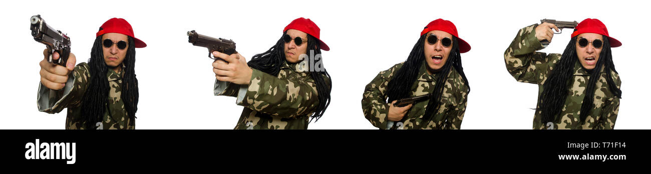 Funny guy with gun isolated on white Stock Photo - Alamy