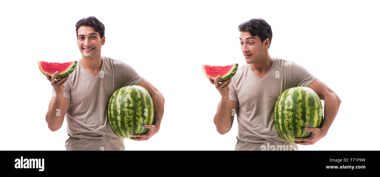 Young man with watermelon isolated on white Stock Photo - Alamy