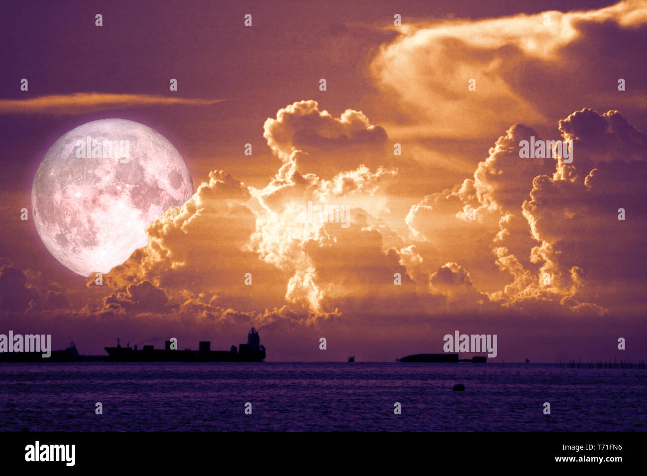 super snow moon back on sunset sky silhouette cloud on sea, Elements of ...