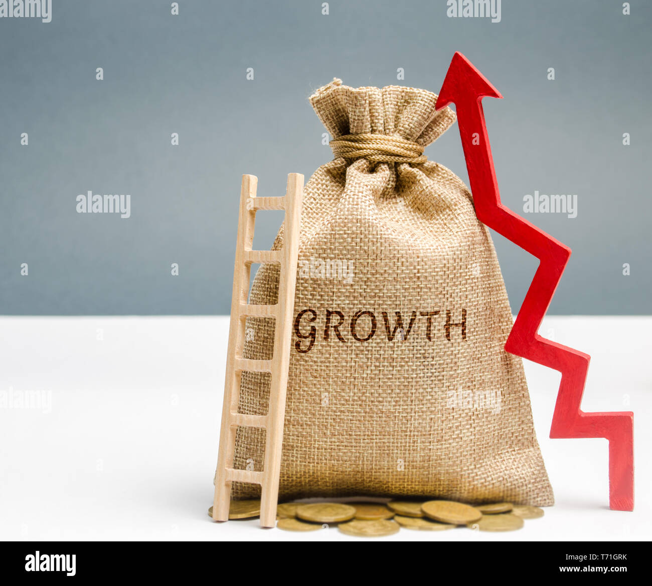 Money bag with the word Growth, Ladder and Up Arrow. The concept of ...