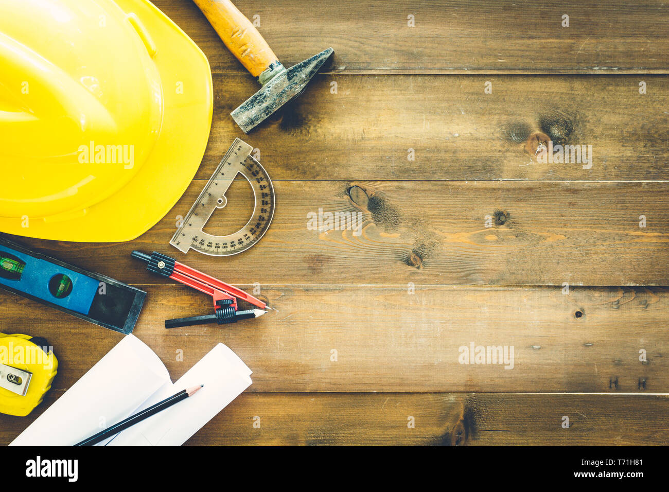 Construction tools with helmet safety on wooden background Stock Photo ...