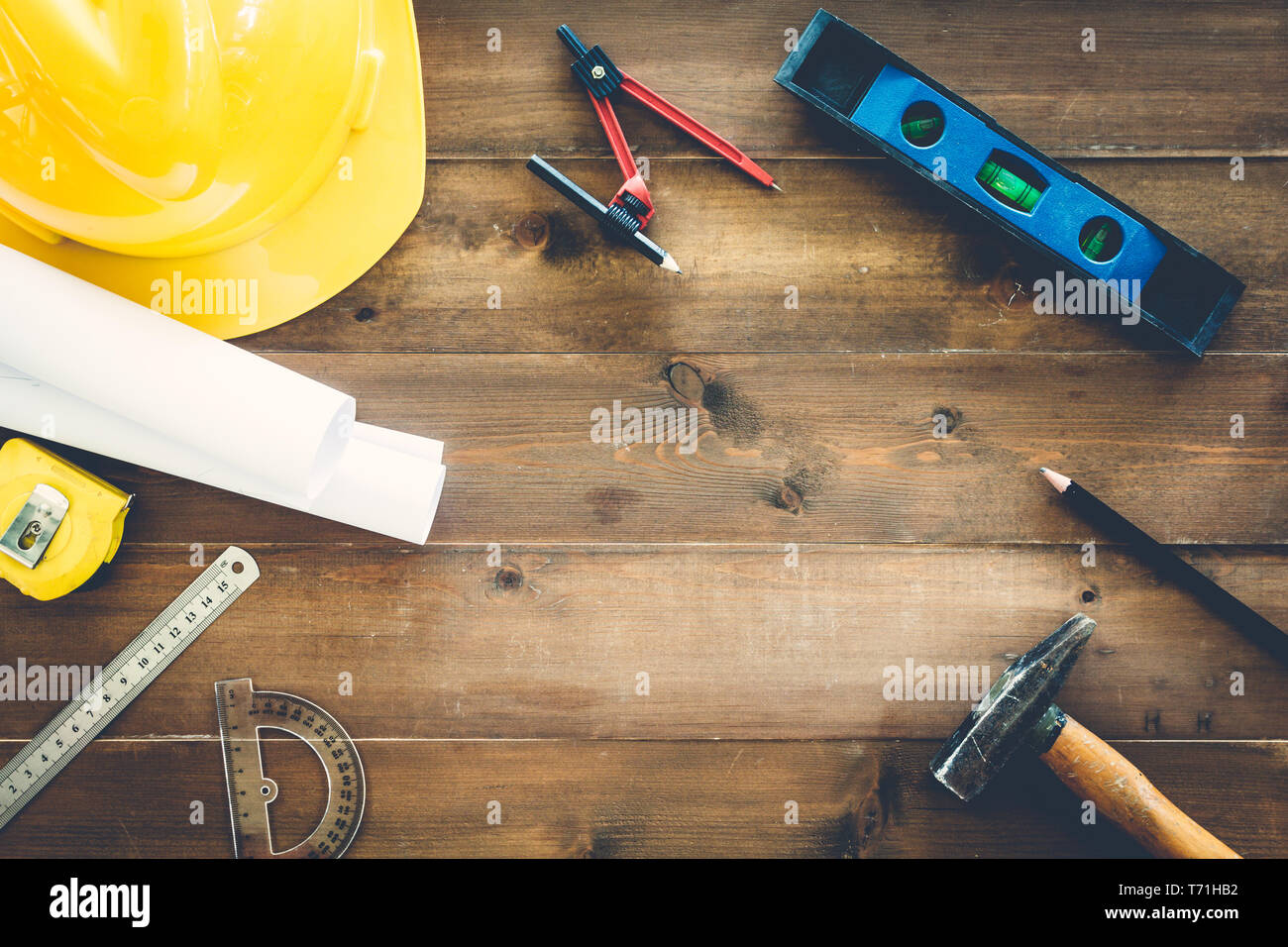 Construction tools with helmet safety on wooden background Stock Photo ...