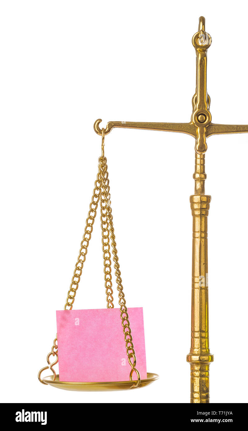 Golden weight balance scale with blank paper Stock Photo - Alamy