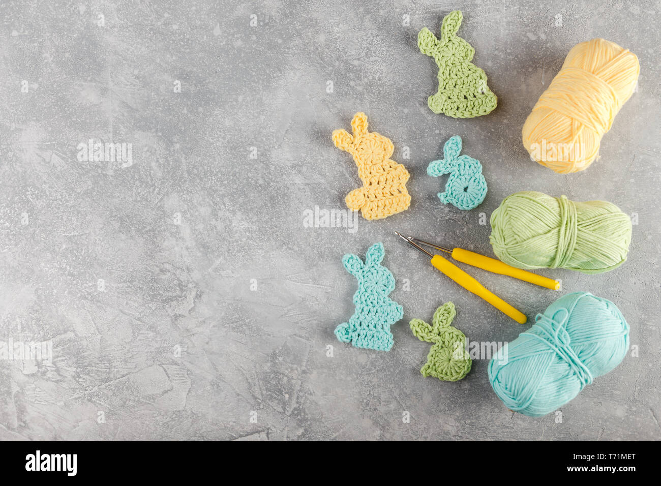 Easter decoration, bunny rabbits made of crochet colorful yarn Stock ...