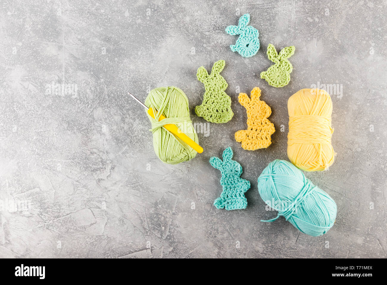 Easter decoration, bunny rabbits made of crochet colorful yarn Stock ...