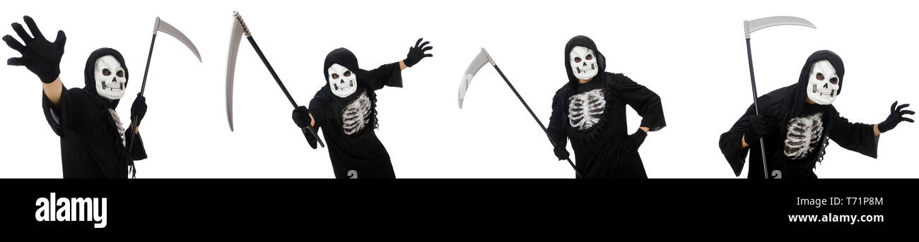 Scary monster with scythe isolated on white Stock Photo - Alamy