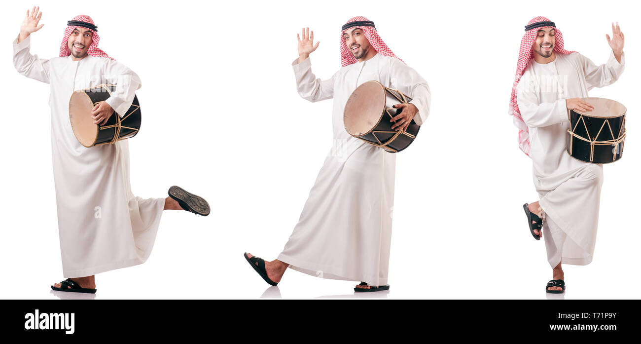 Arab man with drum isolated on white Stock Photo - Alamy