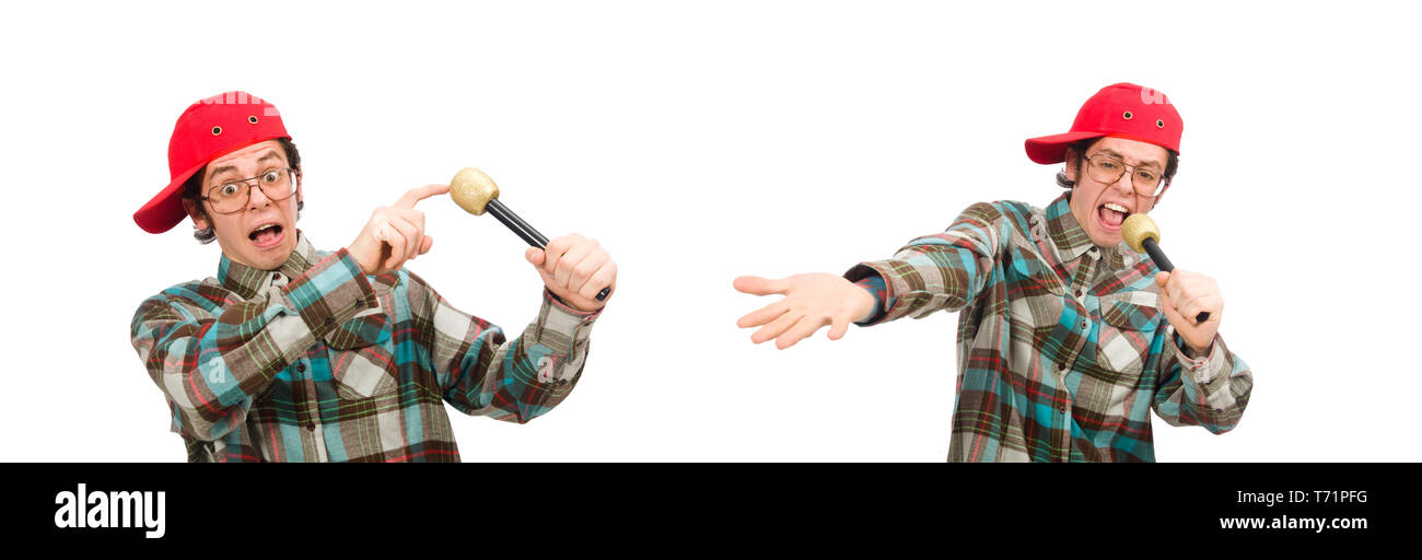 Funny guy singing isolated on white Stock Photo - Alamy