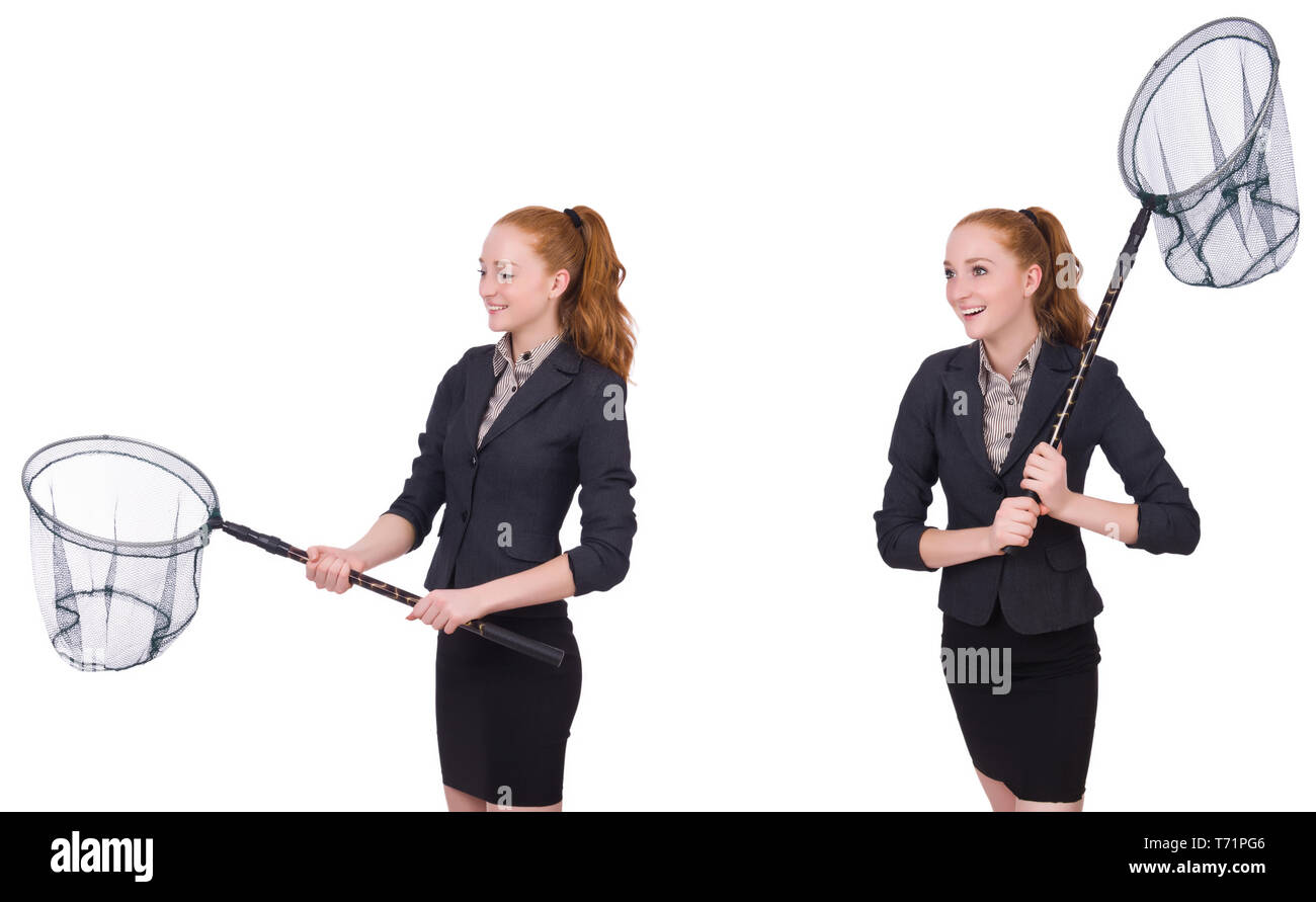 Woman with net isolated on white Stock Photo - Alamy