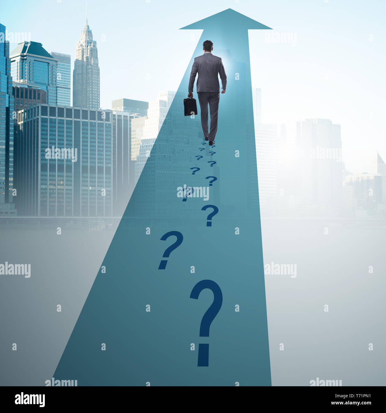 Businessman walking away on question footpath Stock Photo - Alamy