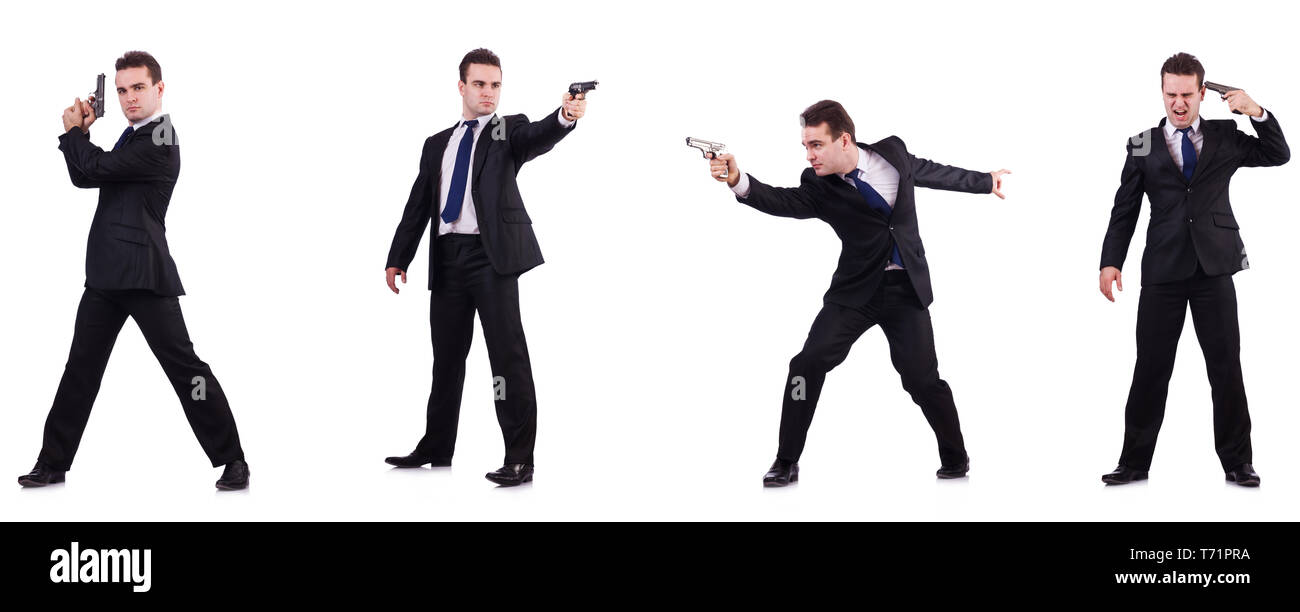 Man in suit with gun isolated on white Stock Photo - Alamy