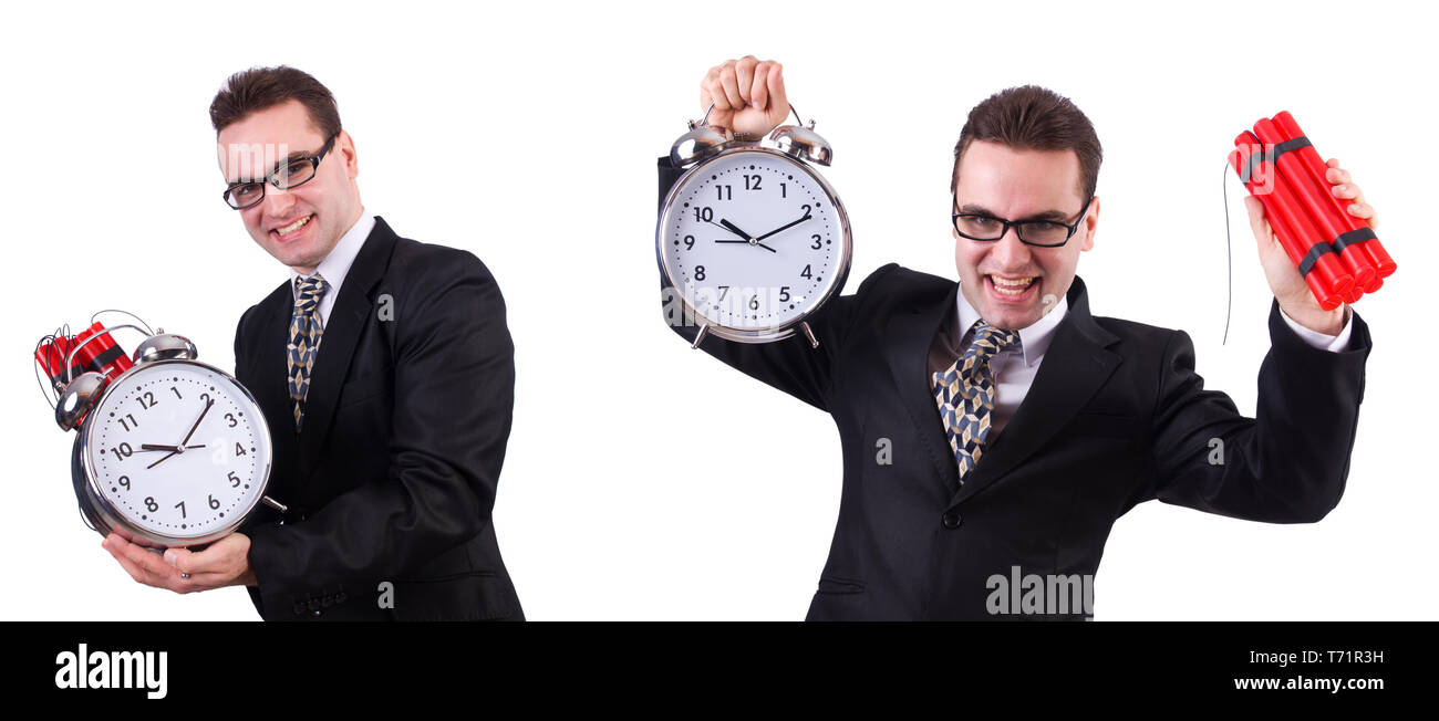 Man with time bomb isolated on white Stock Photo - Alamy