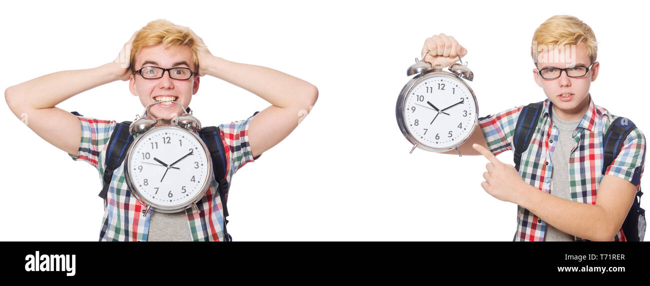 Young boy with alarm-clock in time management concept Stock Photo - Alamy