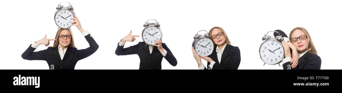 Pretty office employee with alarm clock isolated on white Stock Photo ...