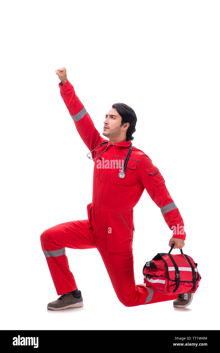 Young paramedic in red uniform isolated on white Stock Photo - Alamy