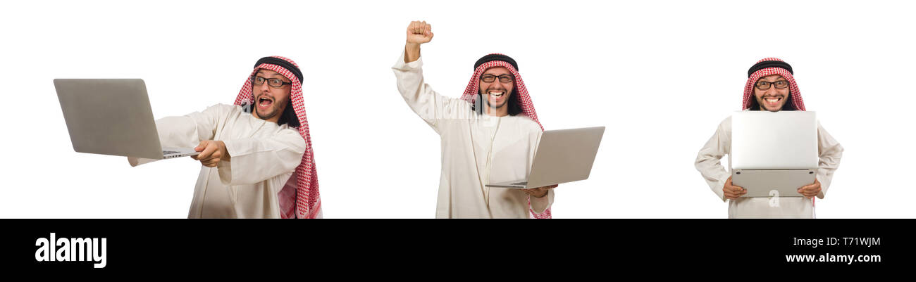 Arab man with laptop isolated on white Stock Photo - Alamy