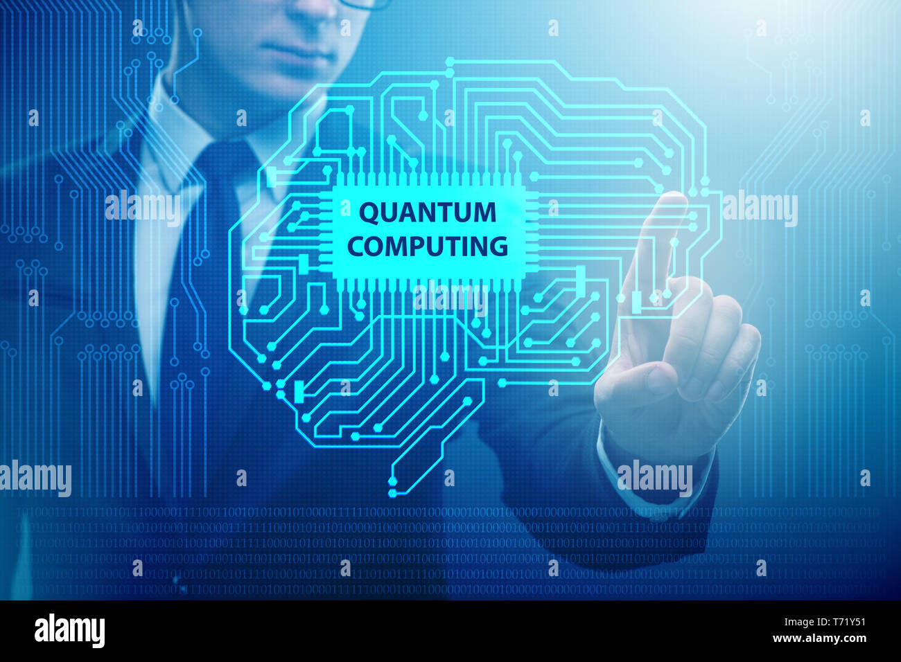 Businessman pressing virtual button in quantum computing concept Stock ...