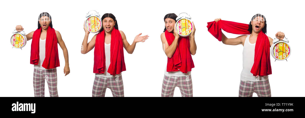 Funny man with clock isolated on white Stock Photo - Alamy
