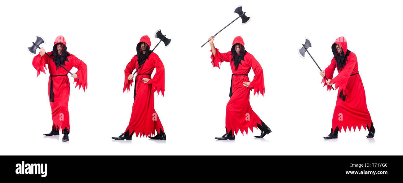Executioner in red costume with axe on white Stock Photo - Alamy
