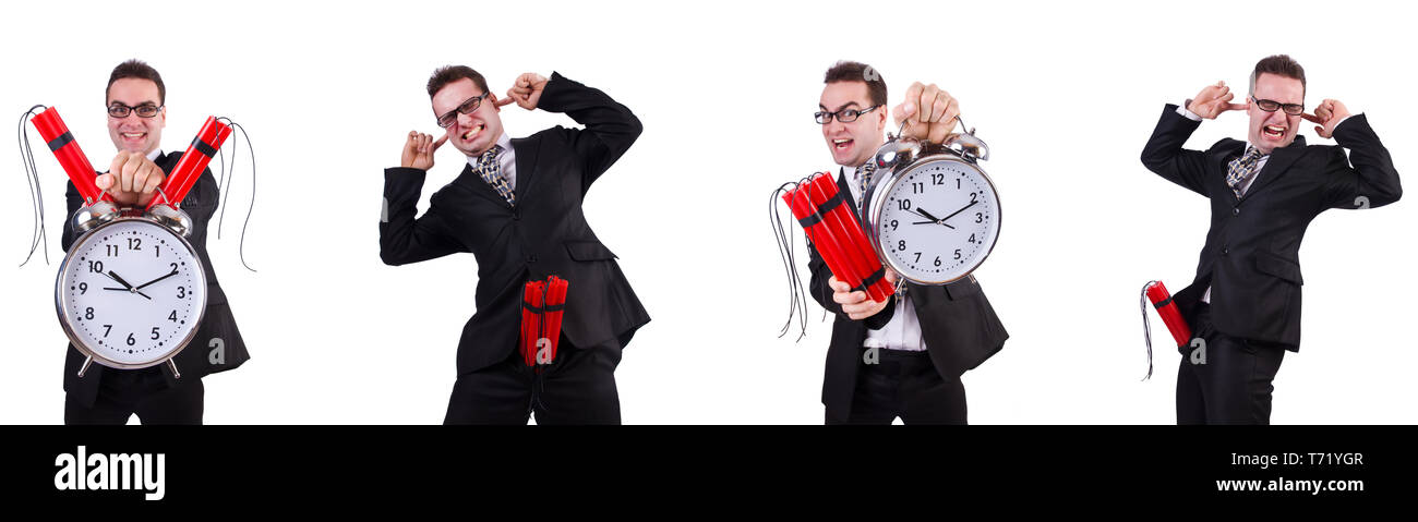 Man with time bomb isolated on white Stock Photo - Alamy