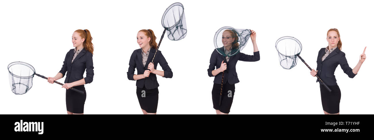 Woman with net isolated on white Stock Photo - Alamy