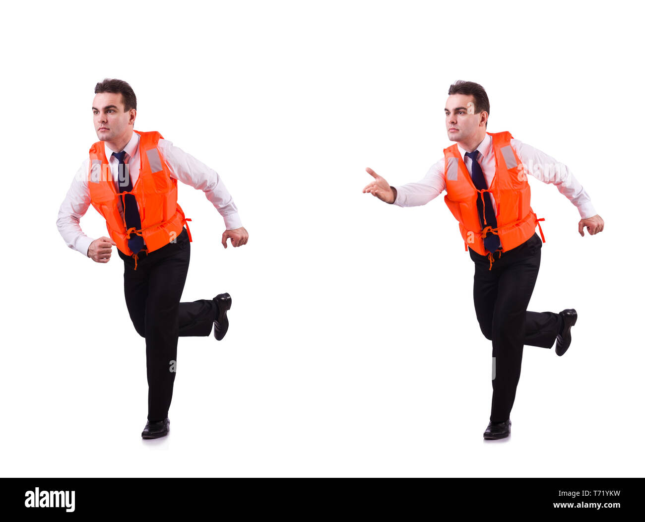 Man in life-jacket isolated on white Stock Photo - Alamy