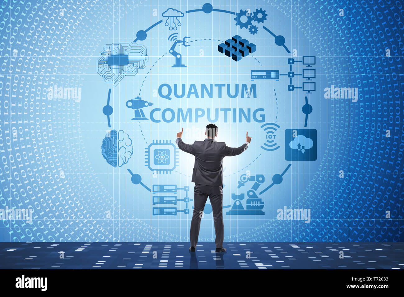 Businessman pressing virtual button in quantum computing concept Stock ...