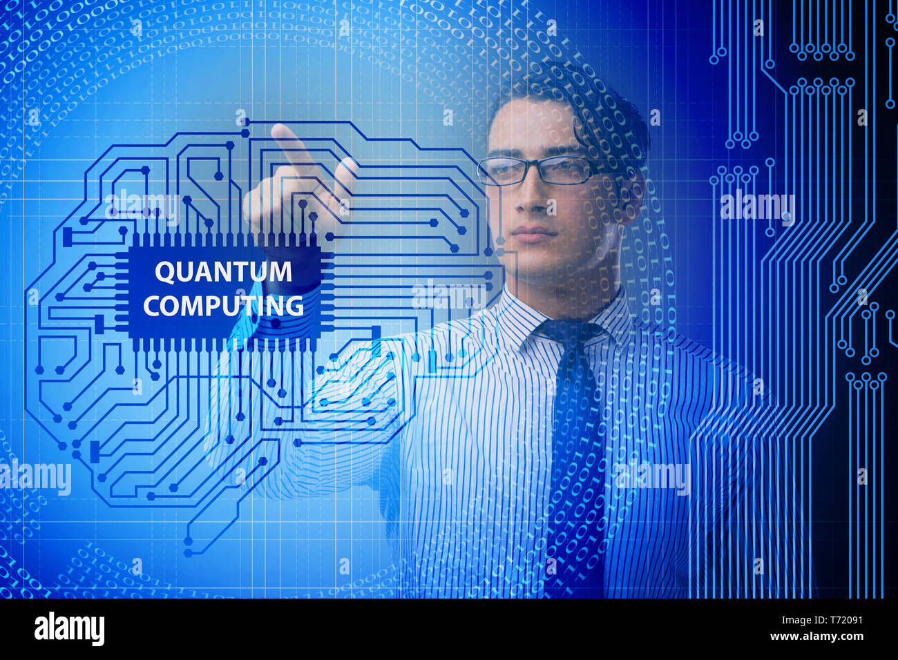 Businessman pressing virtual button in quantum computing concept Stock ...