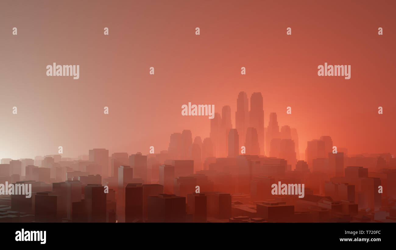 City in red fog. Air pollution or military action Stock Photo - Alamy