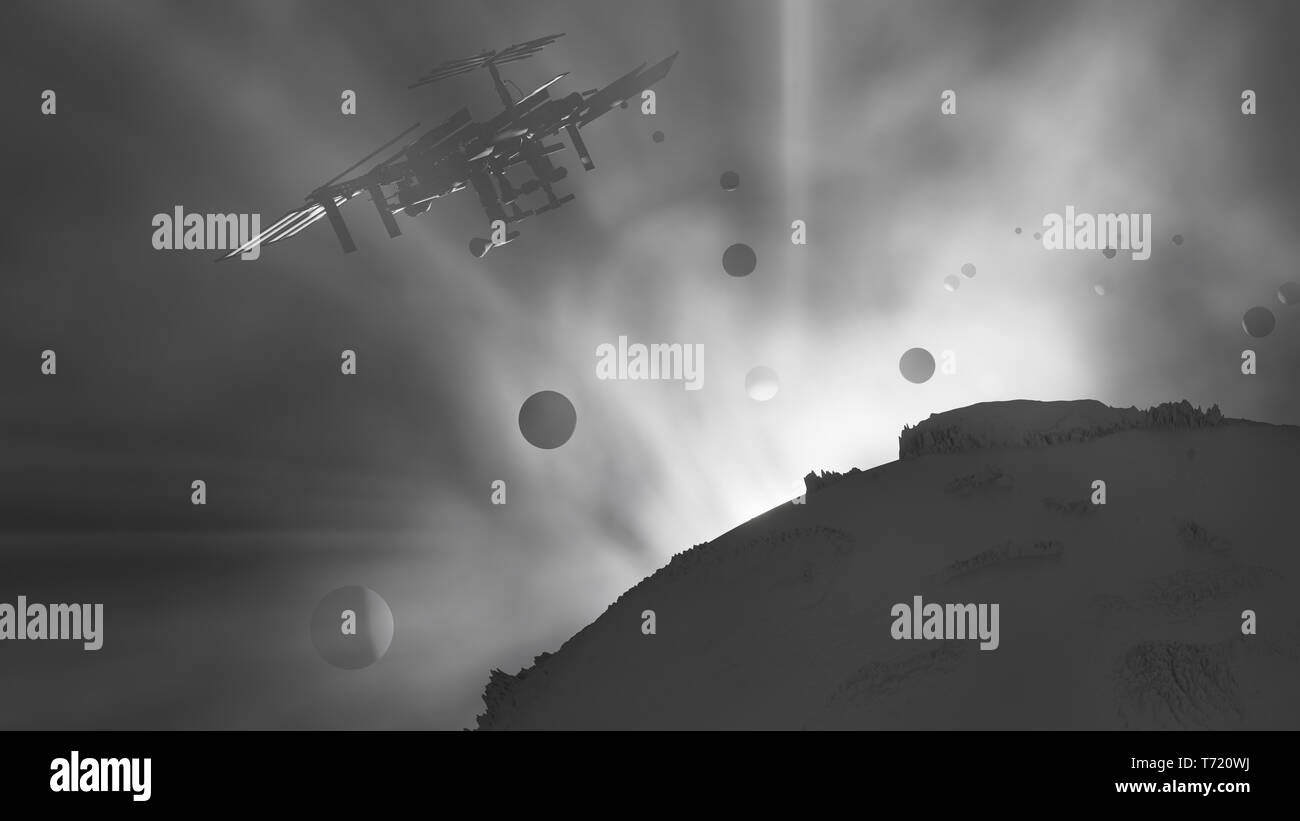 Planets, ISS and the sun in cosmic fog. 3D illustration Stock Photo - Alamy