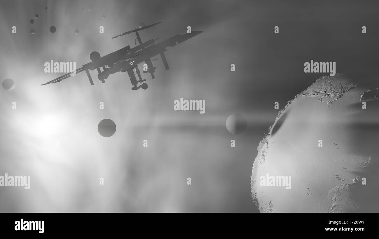 Planets, ISS and the sun in cosmic fog. 3D illustration Stock Photo - Alamy