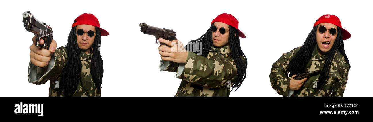 Funny guy with gun isolated on white Stock Photo - Alamy