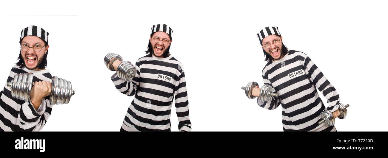 Prison inmate with dumbbells isolated on white Stock Photo - Alamy