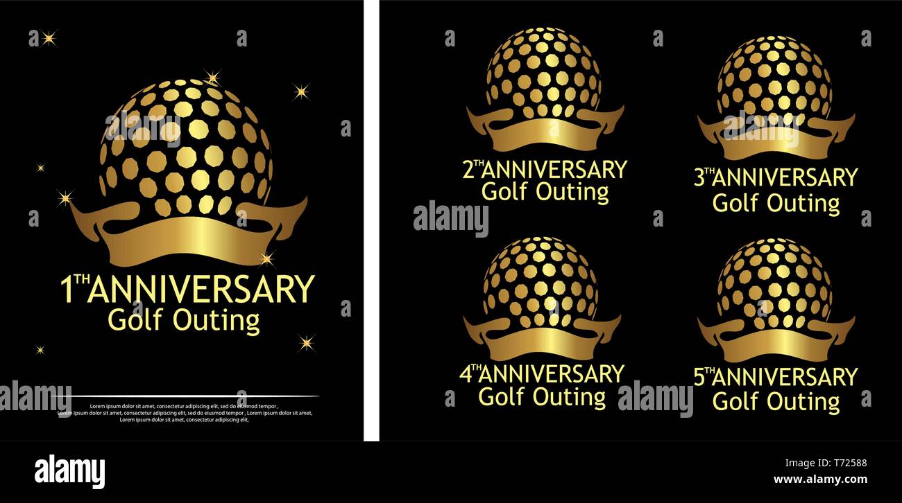 Anniversary golf outing logo. Set of gold icons isolated on black Stock ...